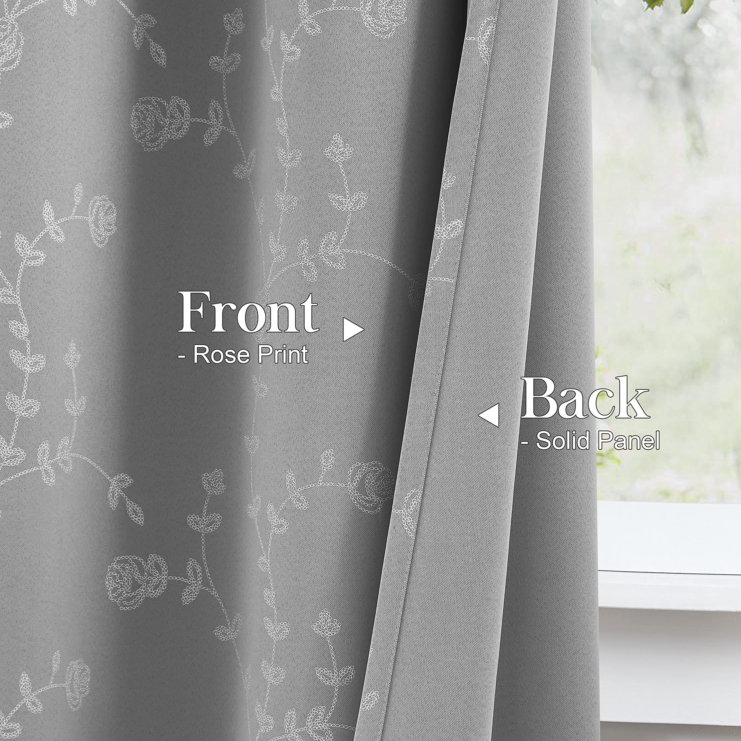 Fragrantex Grey Rose Blackout Curtains Set 84 Inch Length for Bedroom 2 Panels, Thermal Insulated Floral Print Patterned Decorative Room Darkening Living Room Drapes Grommet Top, 52" x 84"