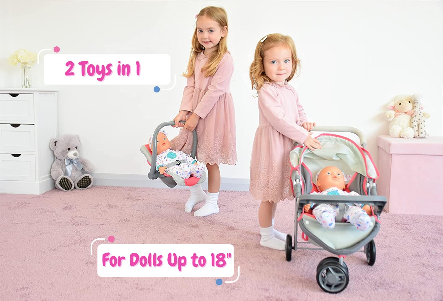 KOOKAMUNGA Baby Doll Stroller Travel System - Retractable Canopy, Feeding Tray, Soft Handle & Swivel Wheels - Pink Gray