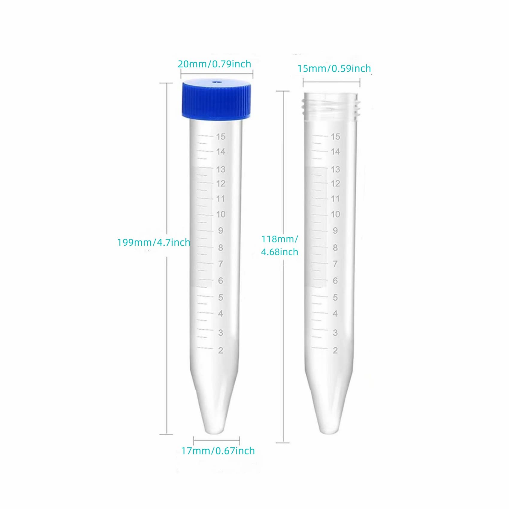 Conical Centrifuge Tubes 15ml,50 Pcs Sterile Plastic Tset Tube with Blue Screw Caps,Polypropylene Plastic Container with Graduated and Write Marks, Non-Pyrogenic, DN/RNase Free