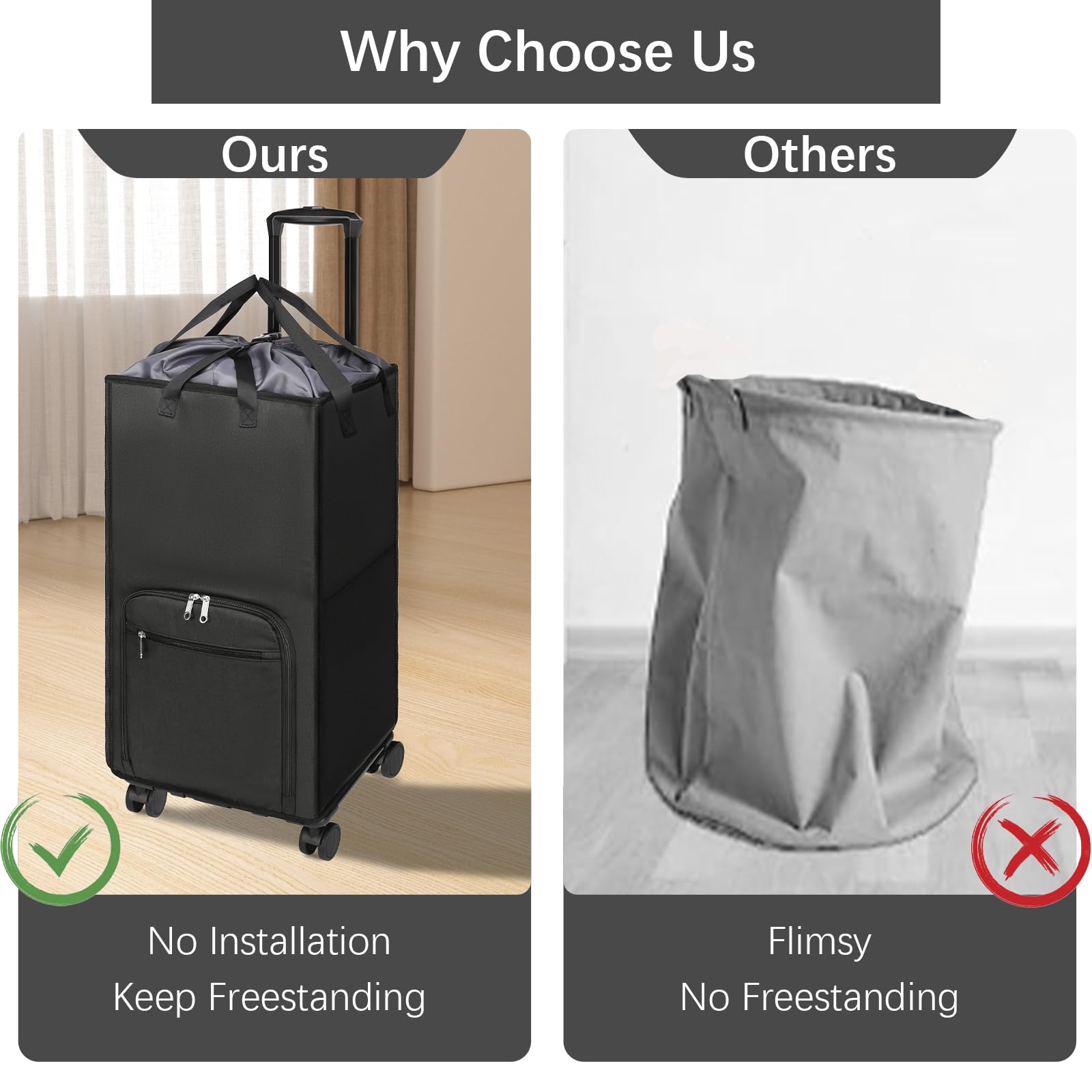 Bukere Extra Large Rolling Laundry Basket with Wheels, 90L Freestanding Collapsible Laundry Hamper Bag for Clothes Storage, Removable Wheeled Cart for College Dorm Apartment Laundry Room Bathroom