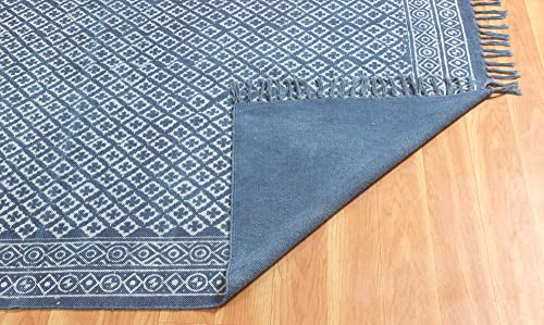 Indigo Blue Rug for Bathroom Handmade Cotton Durries Boho Kilim Rug Flat Weave Indoor Floor Decorative Rugs for Balcony Lounge Floor Bedroom Balcony