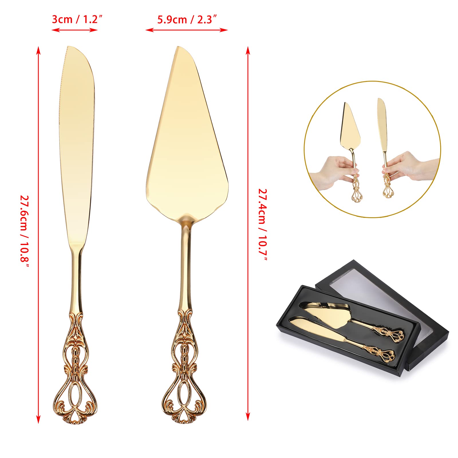 BSTKEY Gold Cake Knife and Server Set, Cake Pie Pastry Servers Crown Shape Handle Vintage Cake Serving Set for Wedding Birthday Parties Anniversary Christmas and Events