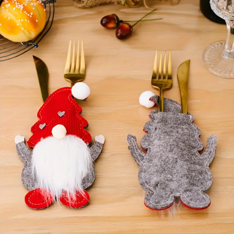 Christmas Gnome Cutlery Bags, Set of 6, Holiday Table Decorations, Polyester