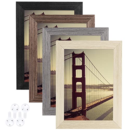 GUTAG 5x7 Picture Frame, Tempered Glass and Composite Wood for 4x6 photo with Mat or 5x7 photo Without Mat,Wall & Table Mounting for Rustic Home Decor,set of 4,Black,Oak,Brown,Grey