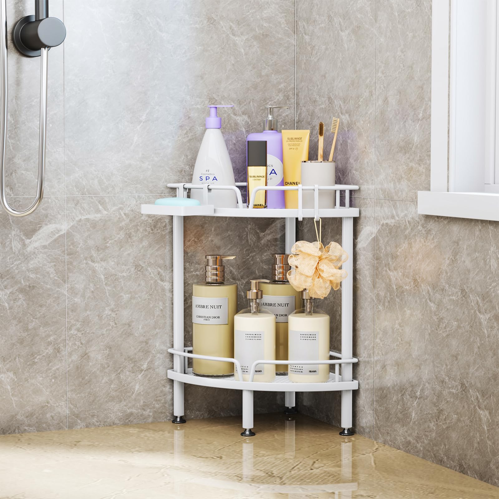 Consumest Corner Shower Caddy Stand - 2 Tier Shower Organizer with Soap Holder, Standing Tall Floor Shower Stand with Adjustable Feet & 2 Hooks, Shower Shelf Rack Storage for Bathroom White