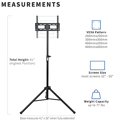 VIVO Tripod 32 to 55 inch LCD LED Flat Screen TV Display Floor Stand, Portable Height Adjustable Mount, Black, STAND-TV55T