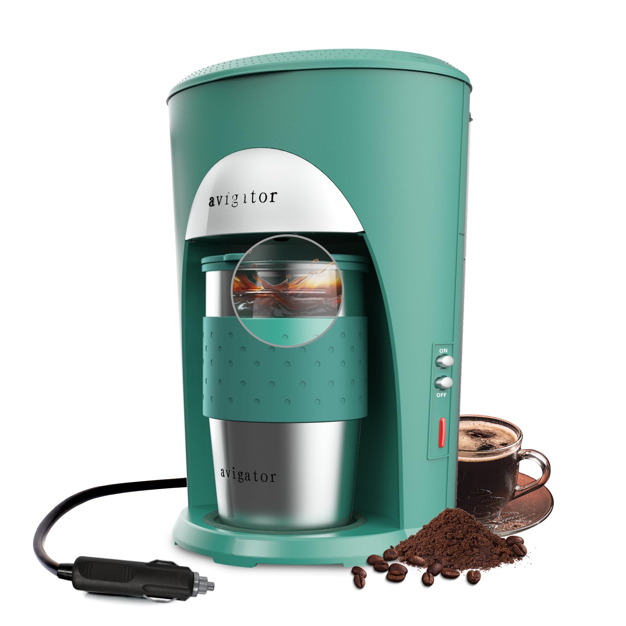 avigator Portable Coffee Maker, 12V Car Coffee Maker, Travel Coffee Machine Fits Car Cigarette Lighter Plug, with Fast Heating, Auto Shut Off, Ground Coffee Maker for Driving Camping&RV(Dark Green)