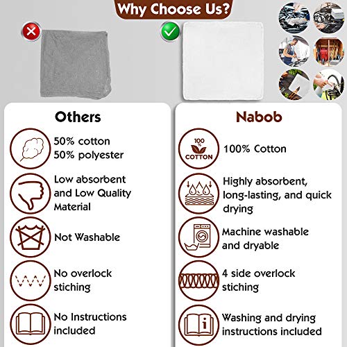 Nabob Wipers Auto Mechanic Shop Towels 100 Pack Shop Rags 100% Cotton Size 14"x14" Commercial Grade (100 Pack, White)