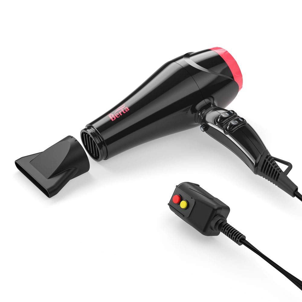 BERTA 1875W Professional Salon Hair Dryer Negative Ionic Blow Dryer, 2 Speed 3 Heat Settings Cool Button with AC Motor, Concentrator Nozzle and Filter, Black