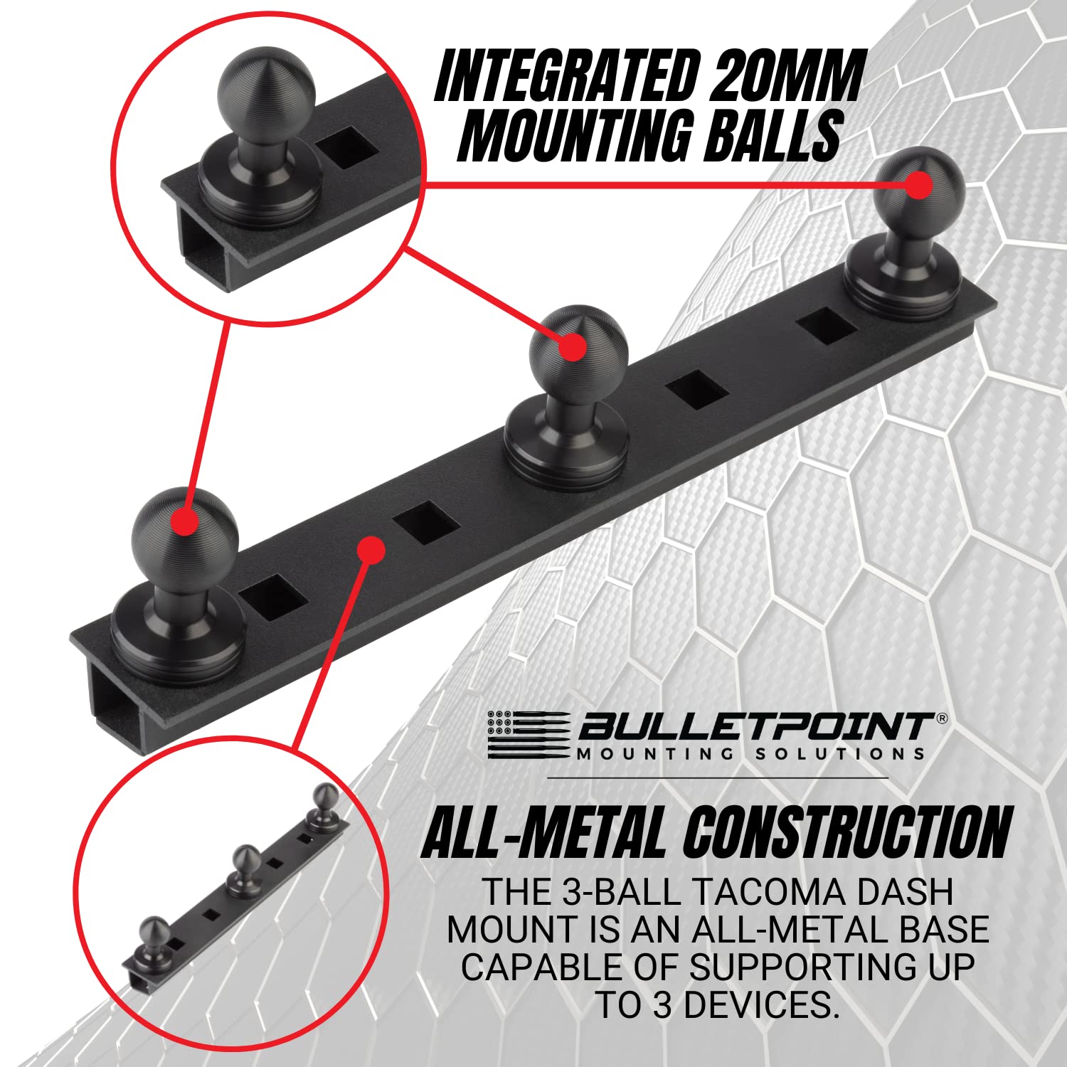 Bulletpoint Metal Dash Mount Compatible with 2016-2023 Toyota Tacoma Phone Mount & Action Camera Mount (3-Ball Mount)
