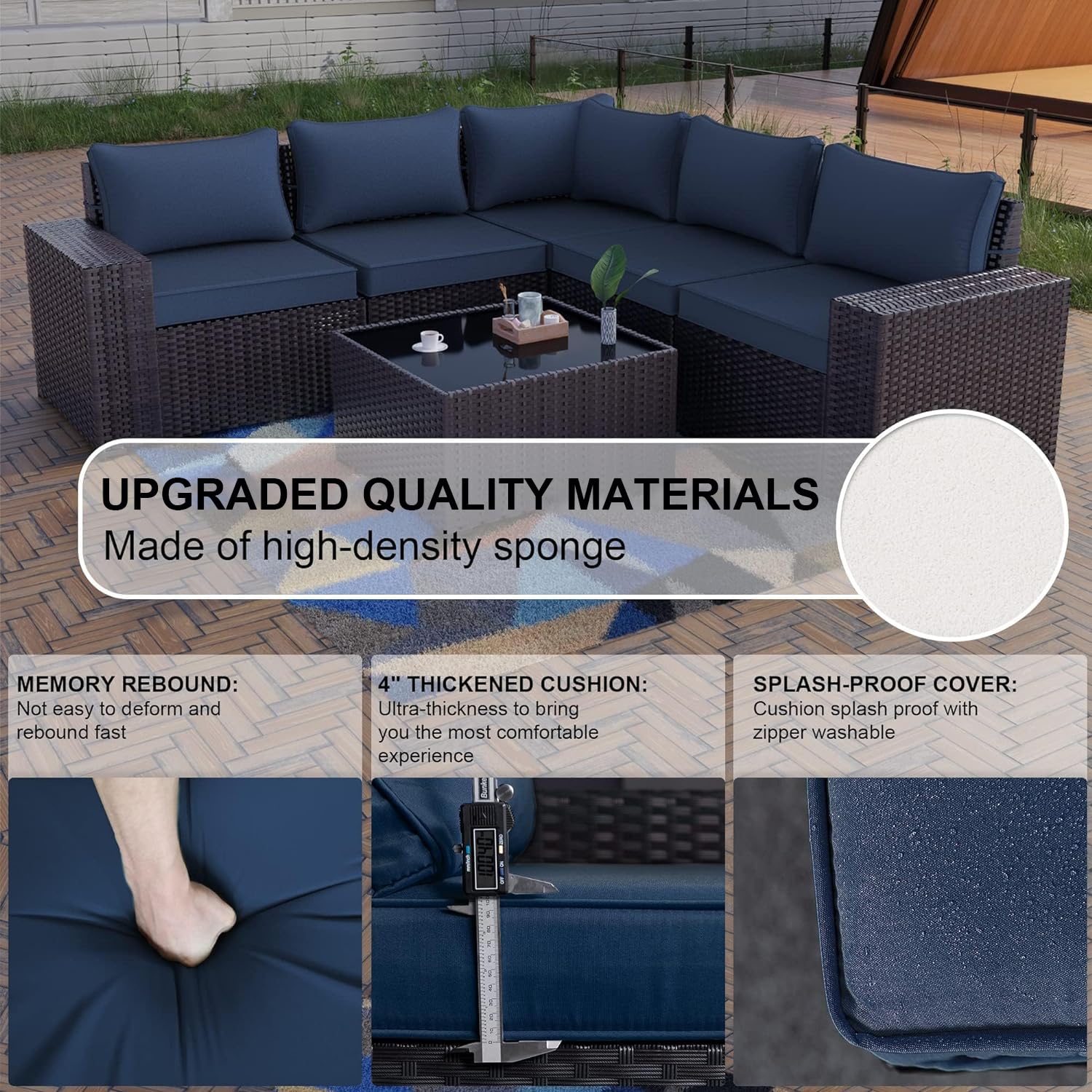 Kullavik 6PCS Outdoor Patio Furniture Set PE Wicker Rattan Sectional Sofa Patio Conversation Sets,Navy Blue