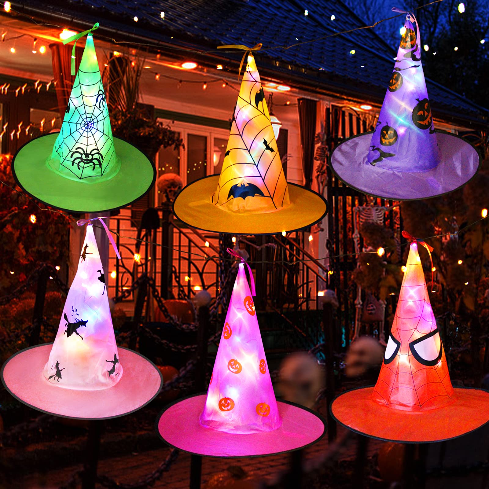 Party Hats Lights Witch Hats Decorations, 6pcs Hanging or Wearing Hat Lights Waterproof Witch Hats Decor for Halloween Party Home Garden Yard Decoration