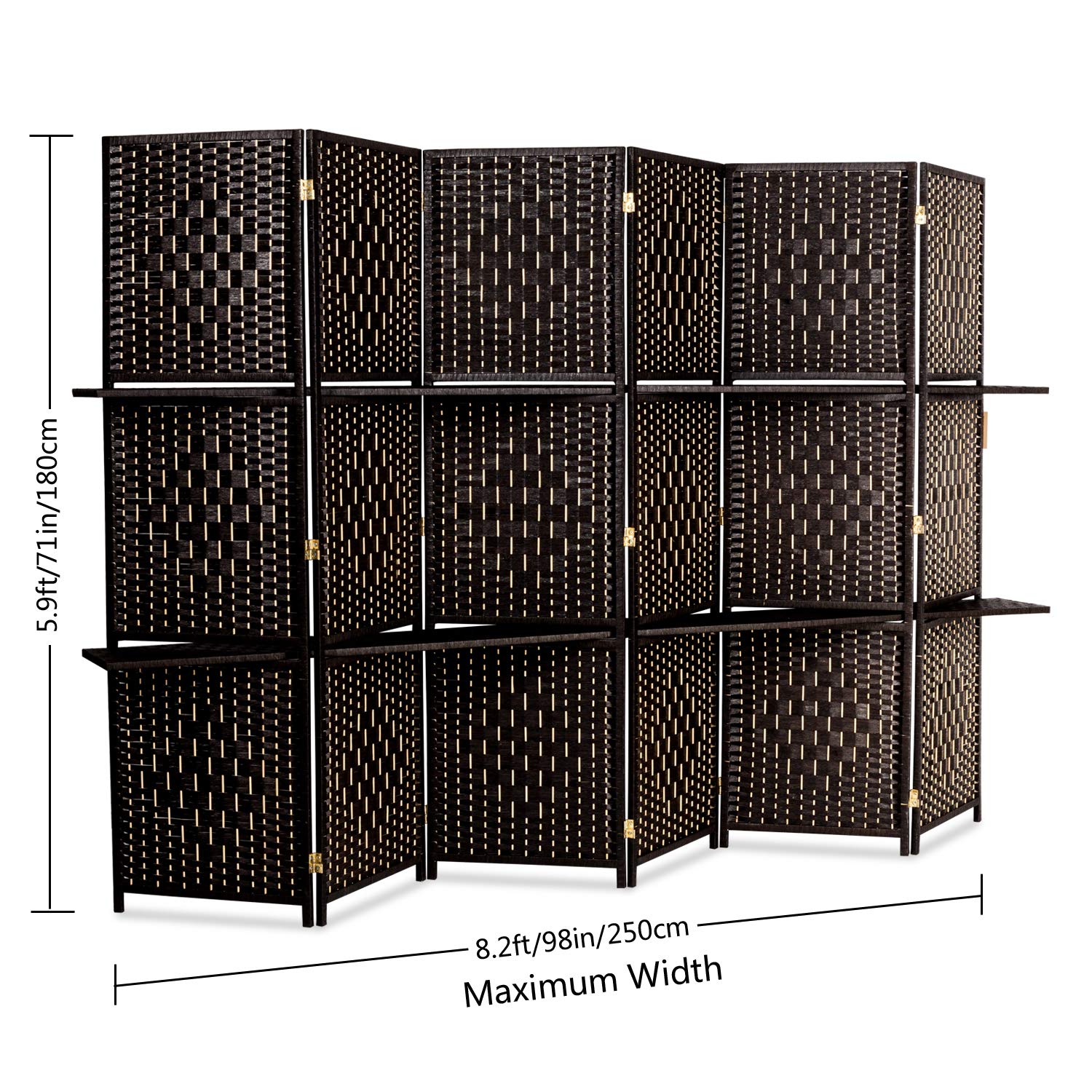 Bonnlo Upgraded Heavy Duty 6FT Tall Rattan Room Divider Screens with Partition Wall 2 Display Shelves, Indoor Folding Screen Dual-Sided Hinges for Home Office (6 Panels)