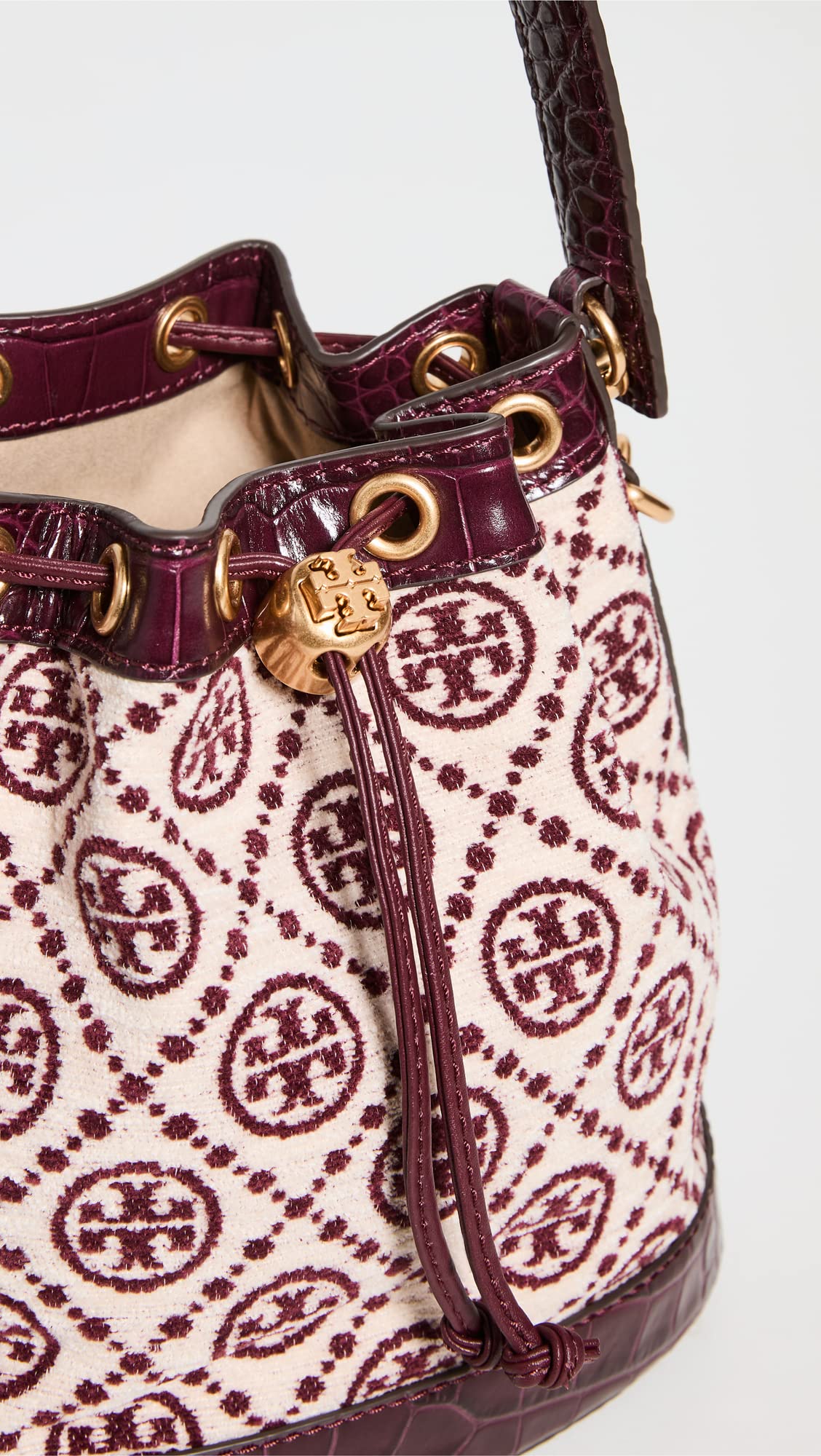 Tory Burch Women's T Monogram Chenille Bucket Bag, Claret/New Cream, Red, Graphic, One Size