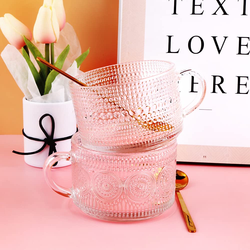 BTGLLAS 400ML Vintage Coffee Mugs With Metal Spoon Glass Coffee Cup 13 Oz Set of 4 Clear Embossed Engrave Tea Cups Beverage,Latte,Anniversary, Valentine,Birthday,Christmas (2SETMUGS)