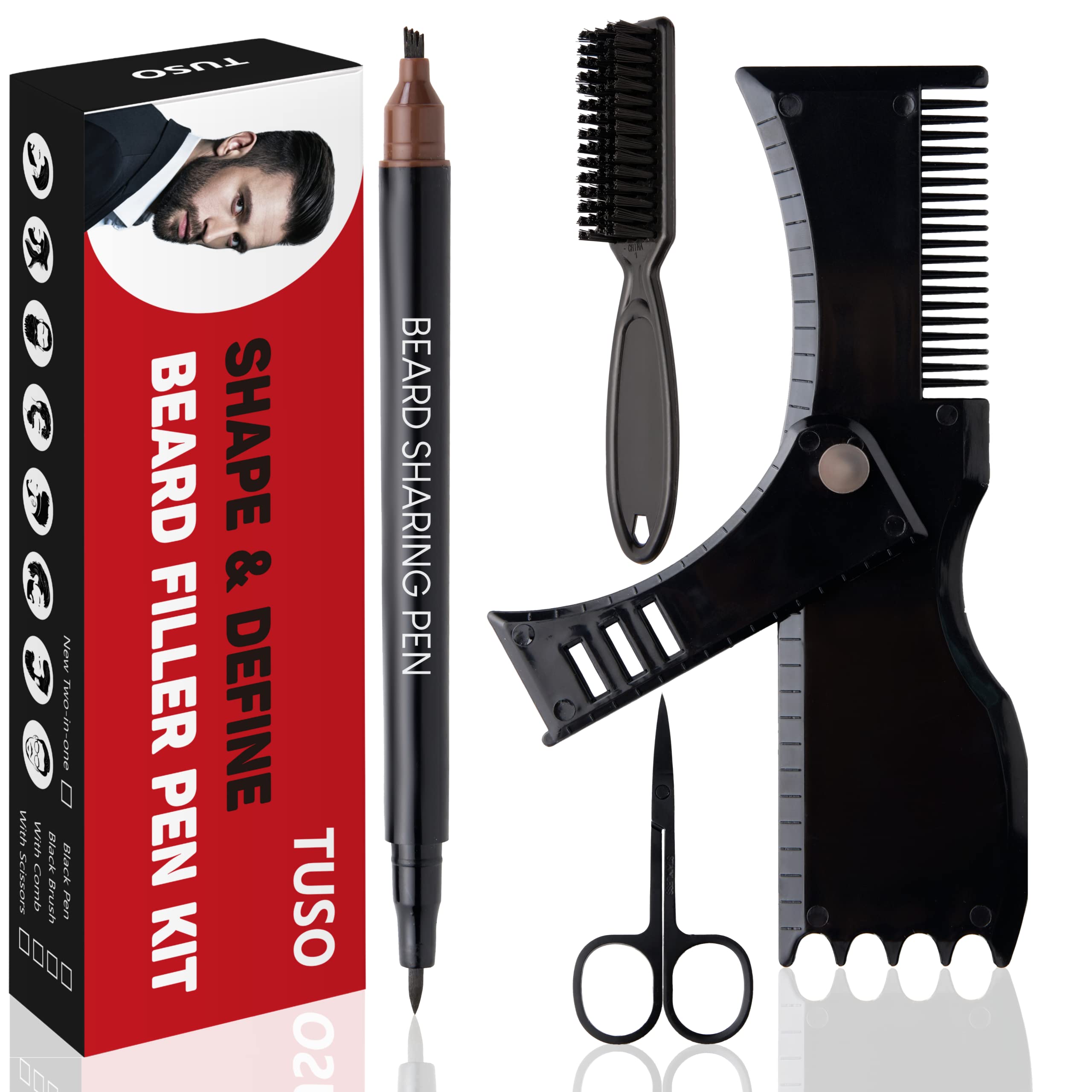 Beard Pencil Filler For Men - Beard Filler Pen Kit 2 Nibs Beard Kit With Beard Pen, Mustache Comb, Beard Scissors and Beard Brush - Beard Care At Home, Natural Look for Beard, Beard care kit for men.
