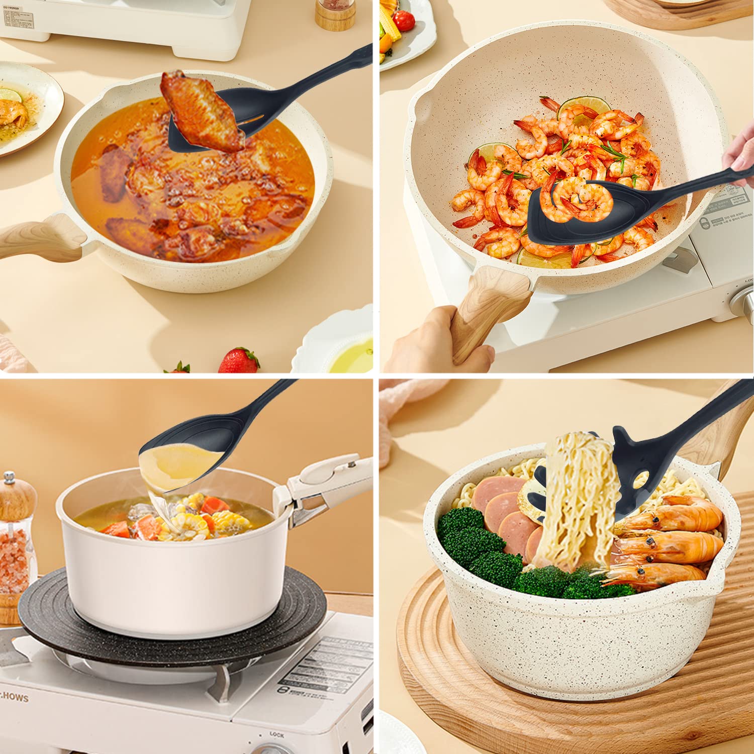 Beijiyi Silicone Cooking Spoon Set, 3 Pack Heat Resistant Silicone Spoons for Cooking, Mixing, Serving, Nonstick Kitchen Utensils Large Solid Slotted and Spaghetti Spoon - Dishwasher Safe, Black