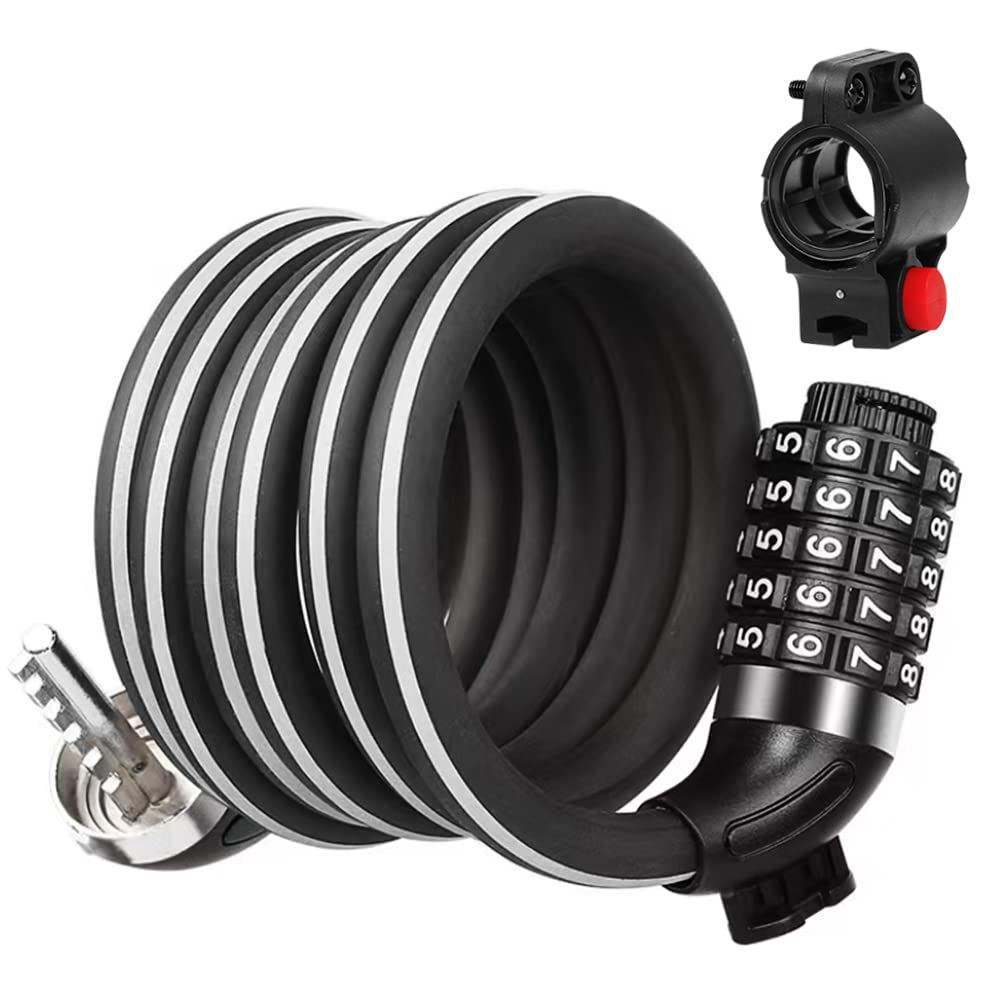 Bike Lock Cable 7feet, 5 Digit Resettable Combination Bicycle Lock with 12mm Flexible Self Coiling Braided Steel Cable,Keyless Convenience with Frame Mount Bracket
