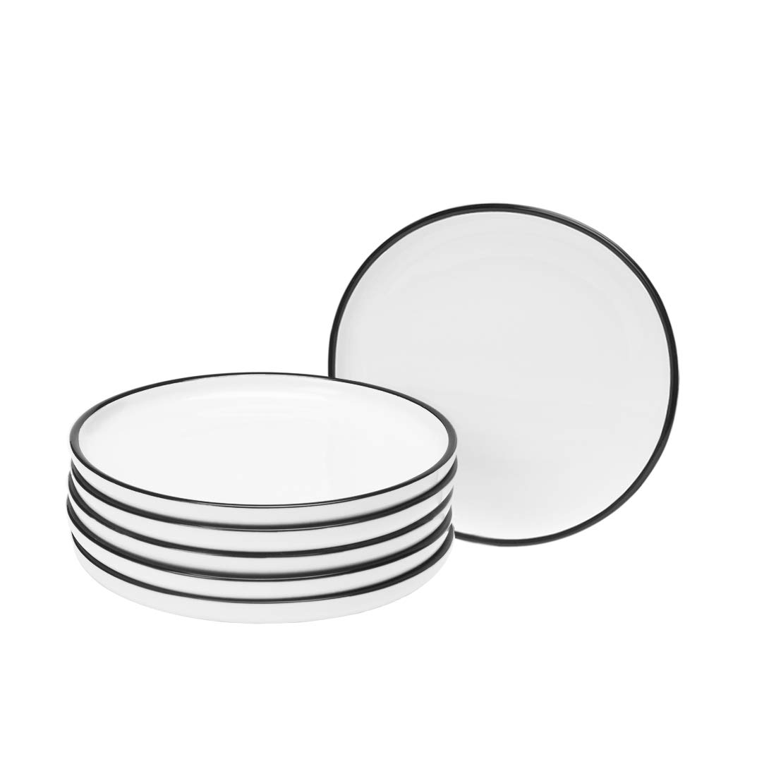 BonNoces 6-inch Small Porcelain Appetizer Plates, White with Black Edges Dinner Side Dishes Serving Plate, Dessert, Salad, Snacks Plate, Set of 6