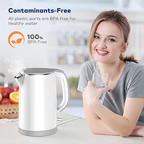 Miroc Electric Kettle, Double Wall 100percent Stainless Steel Cool Touch Tea Kettle with 1500W Fast Boiling Heater, Cordless with Auto Shut-Off & Boil Dry Protection, BPA-Free, White