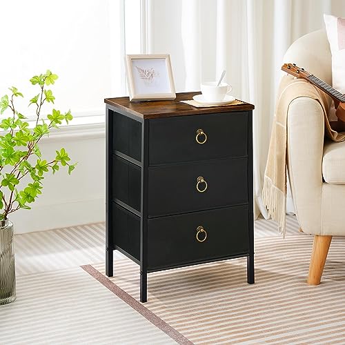 HOOBRO Nightstand, 3-Drawer End Table, Side Table with Fabric Drawers, Sofa Side Table, Metal Frame, Large Storage, for Bedroom, Study, Office, Large Storage, Rustic Brown and Black BF59BZ01