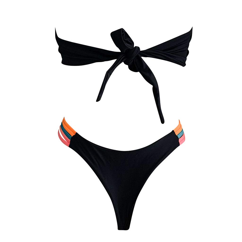 Padaleks Women's Striped Color Block Bandeau Bikini Set High Cut Strapless Swimsuit Sexy Bathing Suit Beachwear