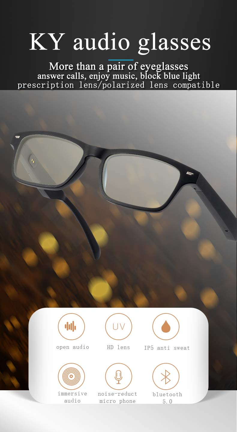 OOAVR Black Bluetooth Sunglasses with Anti-Blue Light Lens, Waterproof and Lightweight, Suitable for Outdoor Activities