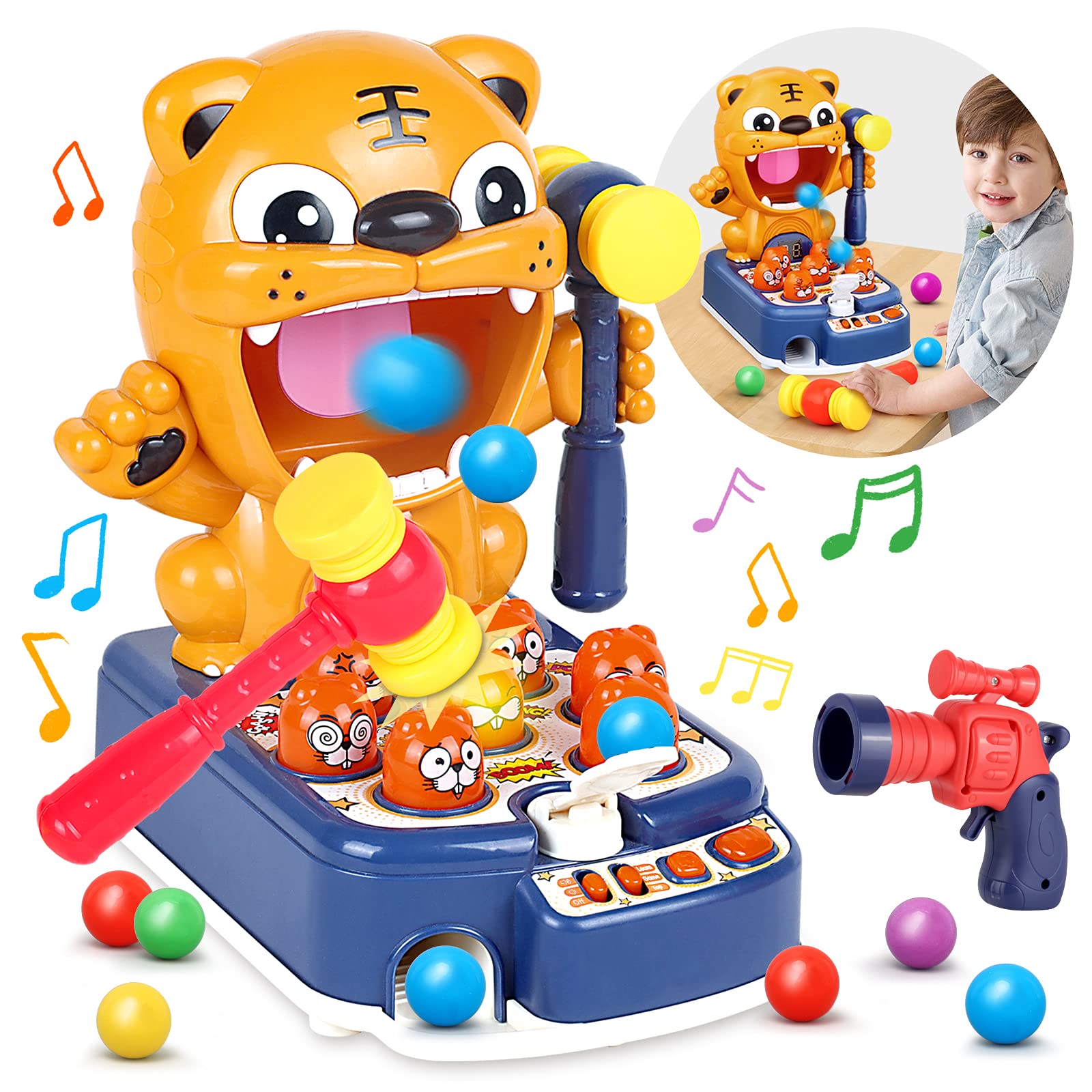 KooQii Whack A Mole Game Toddler Toys with Toy Gun and 2 Hammers Interactive Game for Hammering & Pounding,Target Shooting Early Developmental Fun Gift for 2-3 4 5 6 7 8 Year Old Boys and Girls