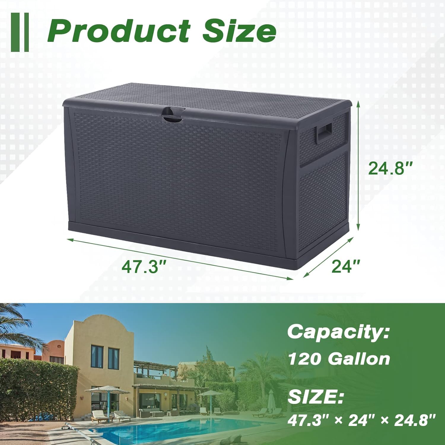Brightpeak 120 Gallon Outdoor Storage Deck Box Gray Wicker Pattern Container Cabinet Storage for Patio Furniture Cushions, Pillows, Garden Tools, Black