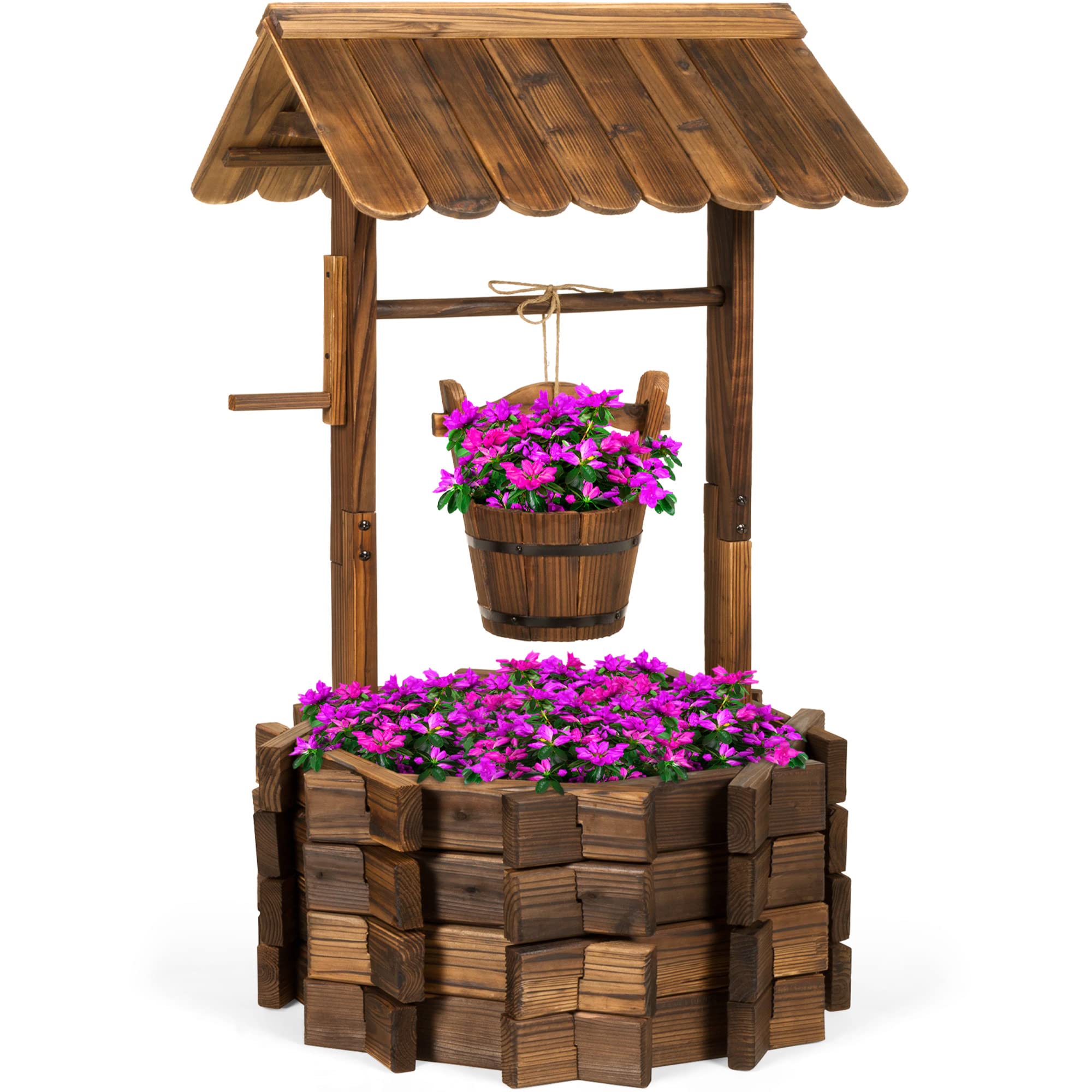 Best Choice Products Rustic Wooden Wishing Well Planter Outdoor Home DĂŠcor for Patio, Garden, Yard w/Hanging Bucket