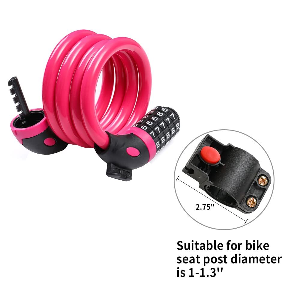 Bike Lock, Bike Cable Locks, Bike Combination Lock, with mounting Bracket,4 Feet Coiled Secure Resettable Combination Bike Bicycle Lock ,1/2 Inch Diameter (pink)