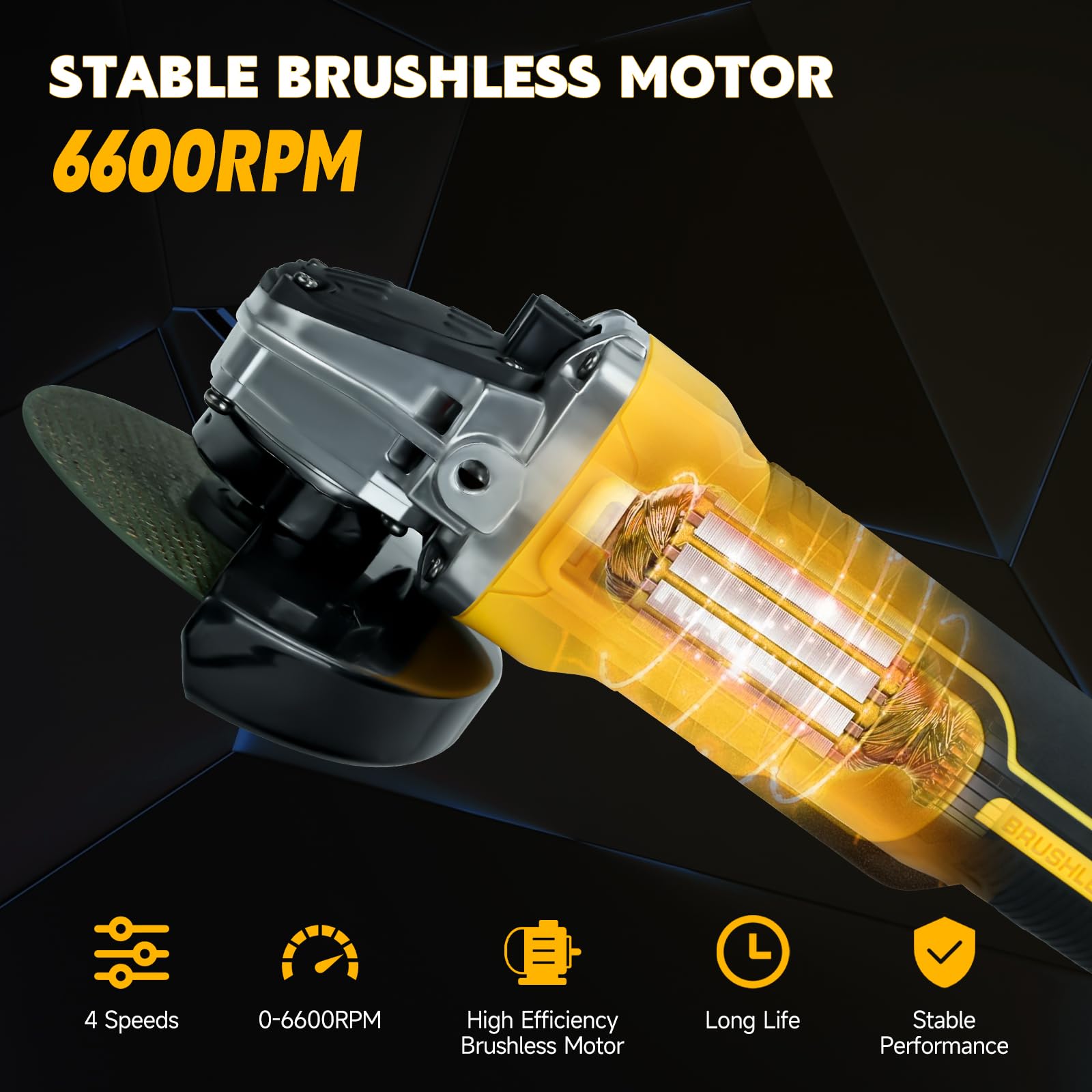 Cordless Angle Grinder for Dewalt 20v Batteries, 6600RPM Brushless Electric Grinder, 4 Variable Speed Metal Grinder for 4.9''Wheels with Adjustable Auxiliary Handle for Cutting, Polishing(No Battery)