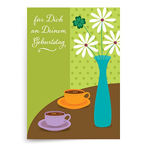 Designer Greetings German Language Happy Birthday Cards, âfĂźr Dich an Deinem Geburtstagâ Flowers and Coffee Design (6 Cards with Envelopes / 6 Karten mit Umschlägen)
