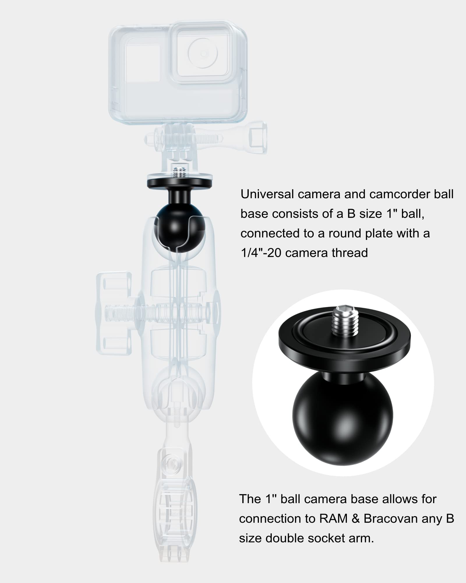 BRCOVAN Aluminum Alloy 1'' Ball Adapter with 1/4"-20 Threaded Stud for Action Camera & Camcorder Compatible with RAM Mounts B Size Double Socket Arm