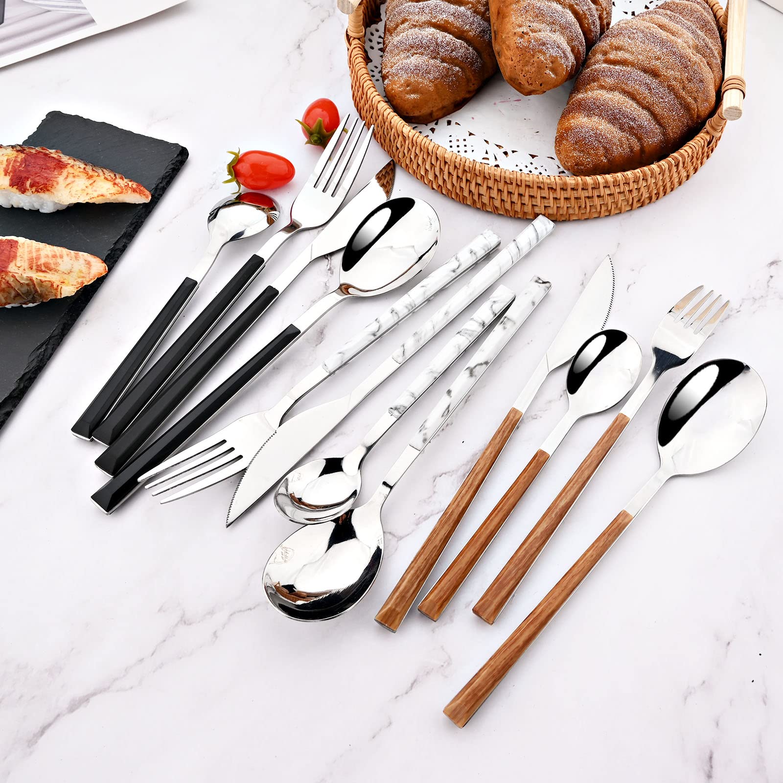 BRIIEC 24Pcs White Imitation Marble Pattern Handle Flatware Silverware Set, Stainless Steel Cutlery Set for 6, Square Handle Eating Utensils, Mirror Polished for Home Kitchen Bar Restaurant