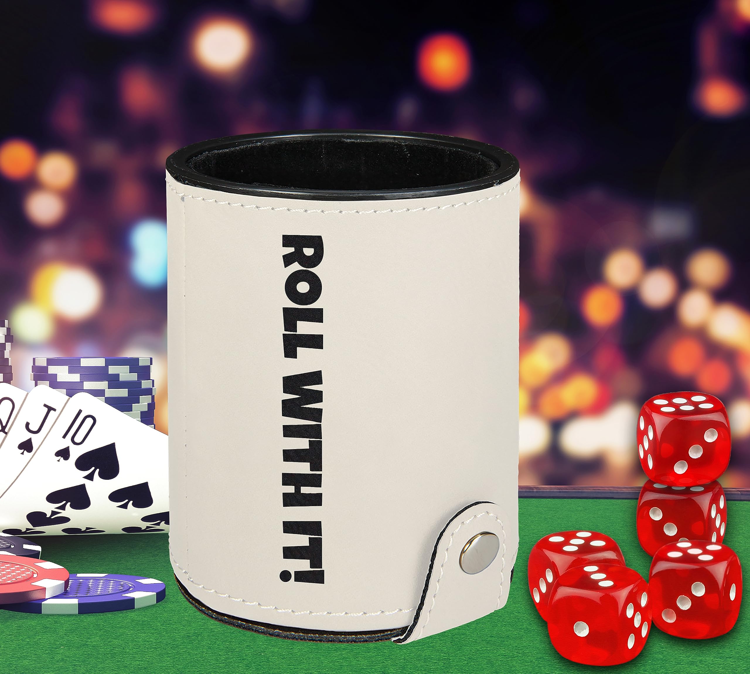 Personalized Set of Dice Cup with Storage Compartment Customized PU Leather Dice Cup with 5 Red Dice Custom Gift (Rustic/Gold)