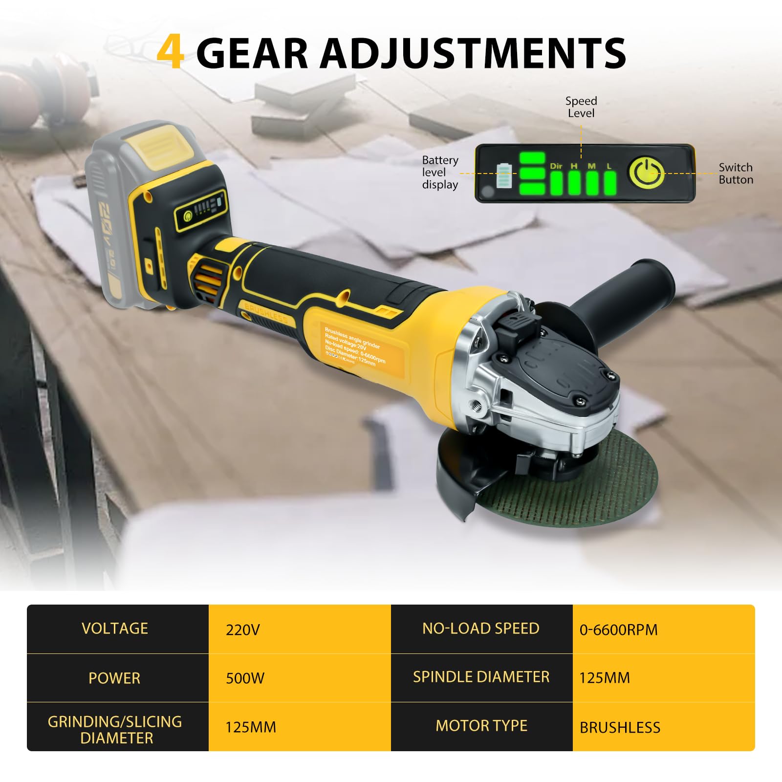 Cordless Angle Grinder for De-walt 20v Li-ion Battery,6600RPM Brushless Grinder Tool,4 Variable Speeds,4.9’’ power angle grinders 500W Grinders,for Cutting,Rust removal,Polishing and Burnishing.