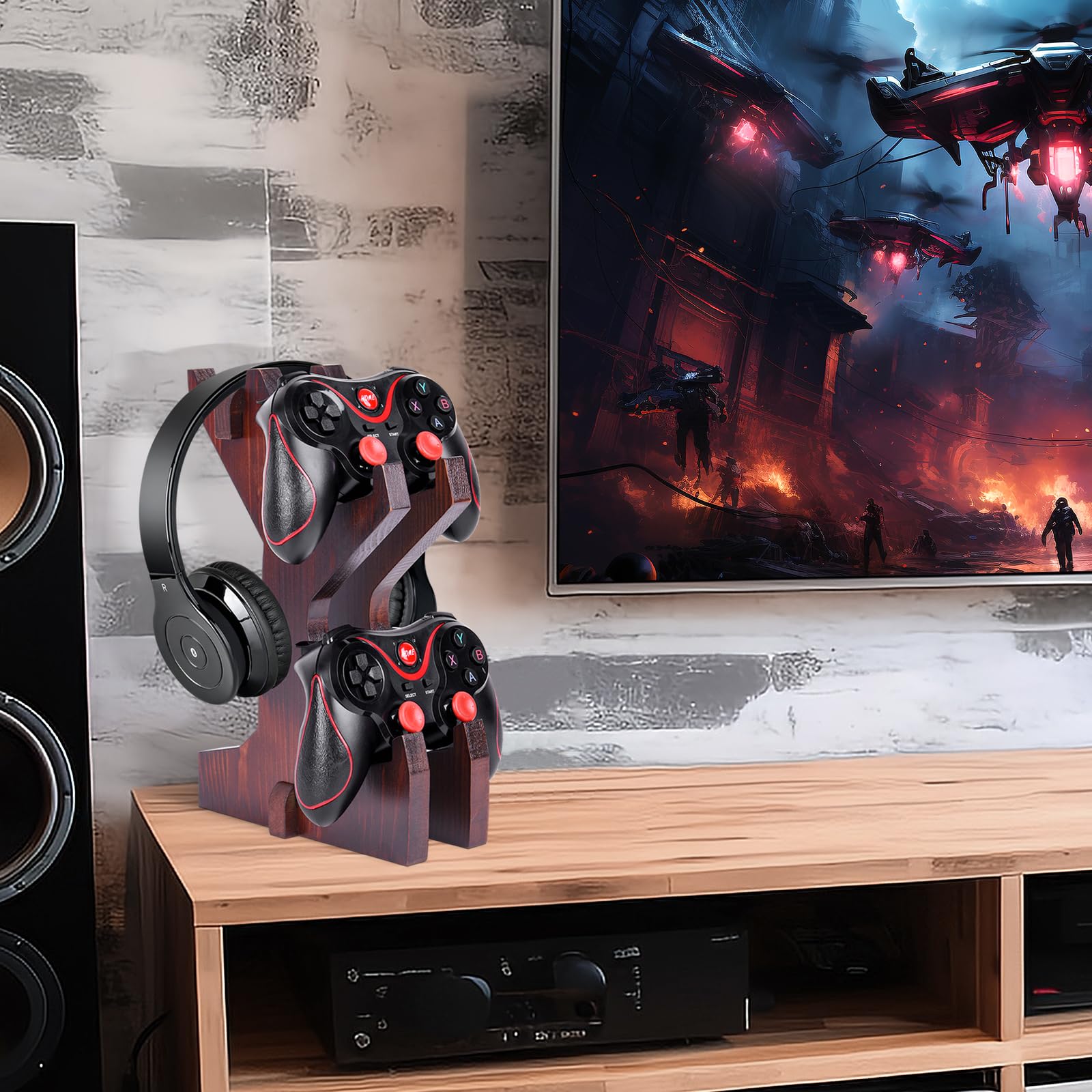 BEARUT Game Controller Holder Headset Stand 2-Tier Universal Controller Gaming PC Accessories Storage Rack Headphone Stand for Xbox Series PS5 PS4 by Wood