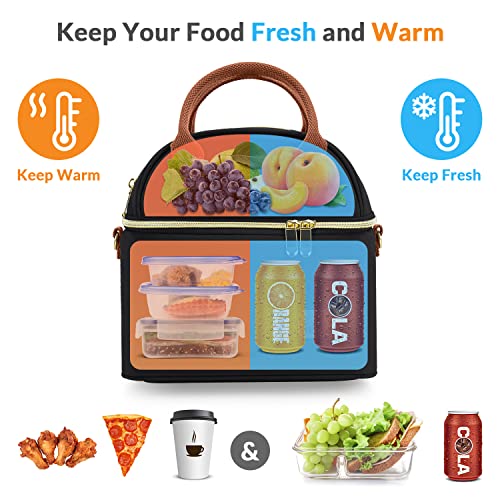 Hafmall Insulated Lunch Bag for Women/Men, Dual Compartment Adult Lunch Box for Work, Reusable Lunch Tote Bag with Shoulder Strap, Black