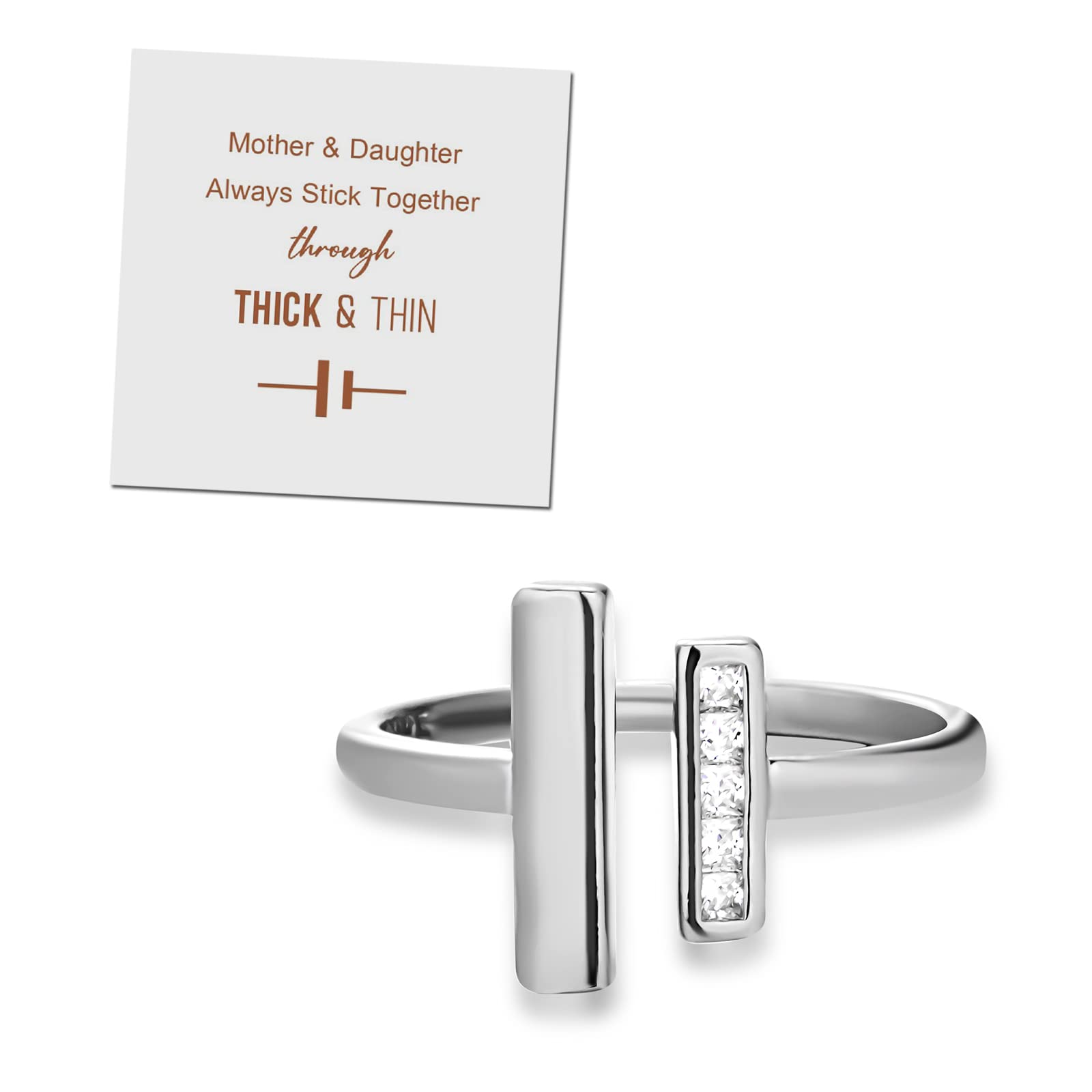 beemean Thick and Thin Ring Mother Daughter Ring Through Thick and Thin Ring Adjustable Double T Ring Cubic Zirconia Rings for Mother Daughter (silver)