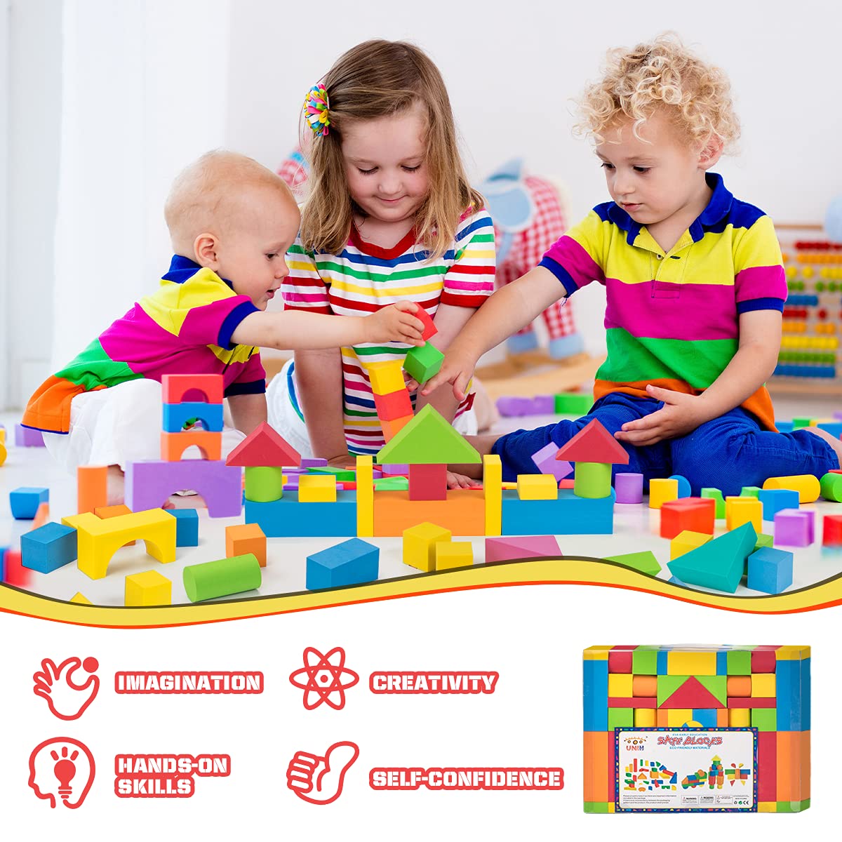 UNIH Building Blocks for Toddlers 1-3, Foam Blocks Toys Soft Blocks Toys Set for 1 2 3 4 Year Old Boy Girls (46PCS)