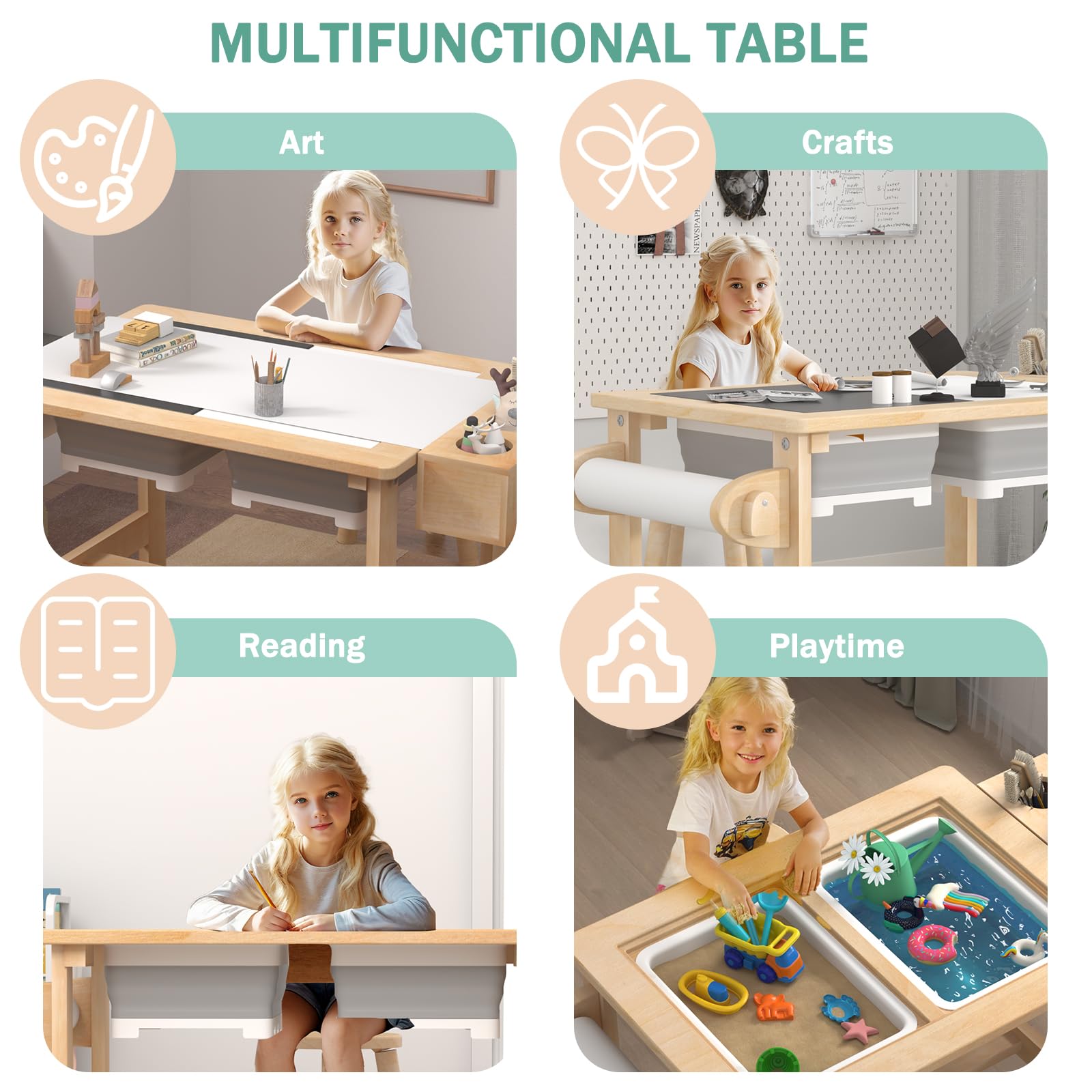 Beeneo Sensory Table for Toddlers, Kids Table with 2 Storage Bins, Multifunction Toddler Activity Table, Wooden Play Table for Kids, Sand and Water Table with Writable Lids