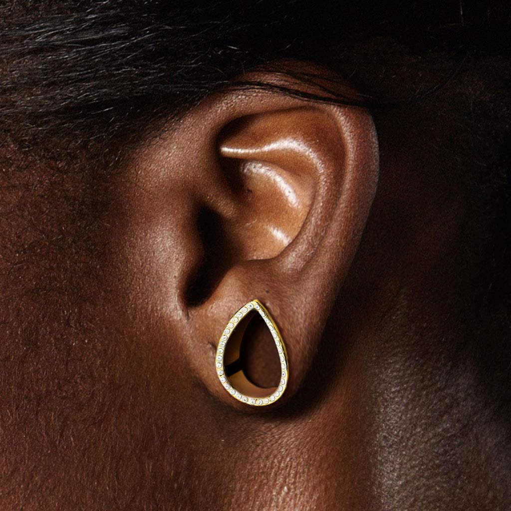 BODY DAZZ Pair 0G-25mm Crystal Paved Teardrop Tunnels Brass Plugs Double Flared (Silvertone 0G (8mm))