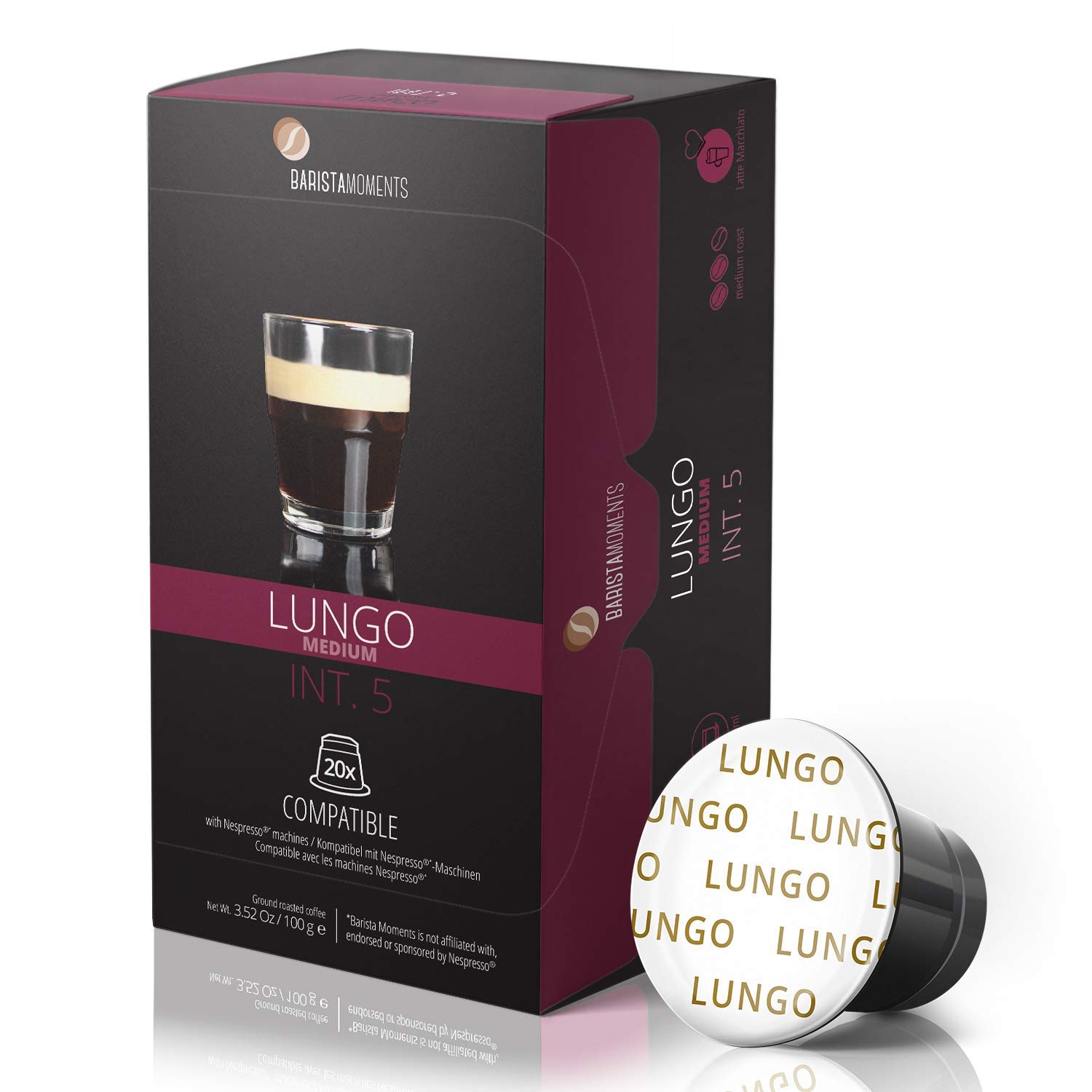 Barista Moments - 20 Italian Lungo Espresso Pods Compatible with Nespresso Original Coffee Capsules Machines (Lungo, 20)