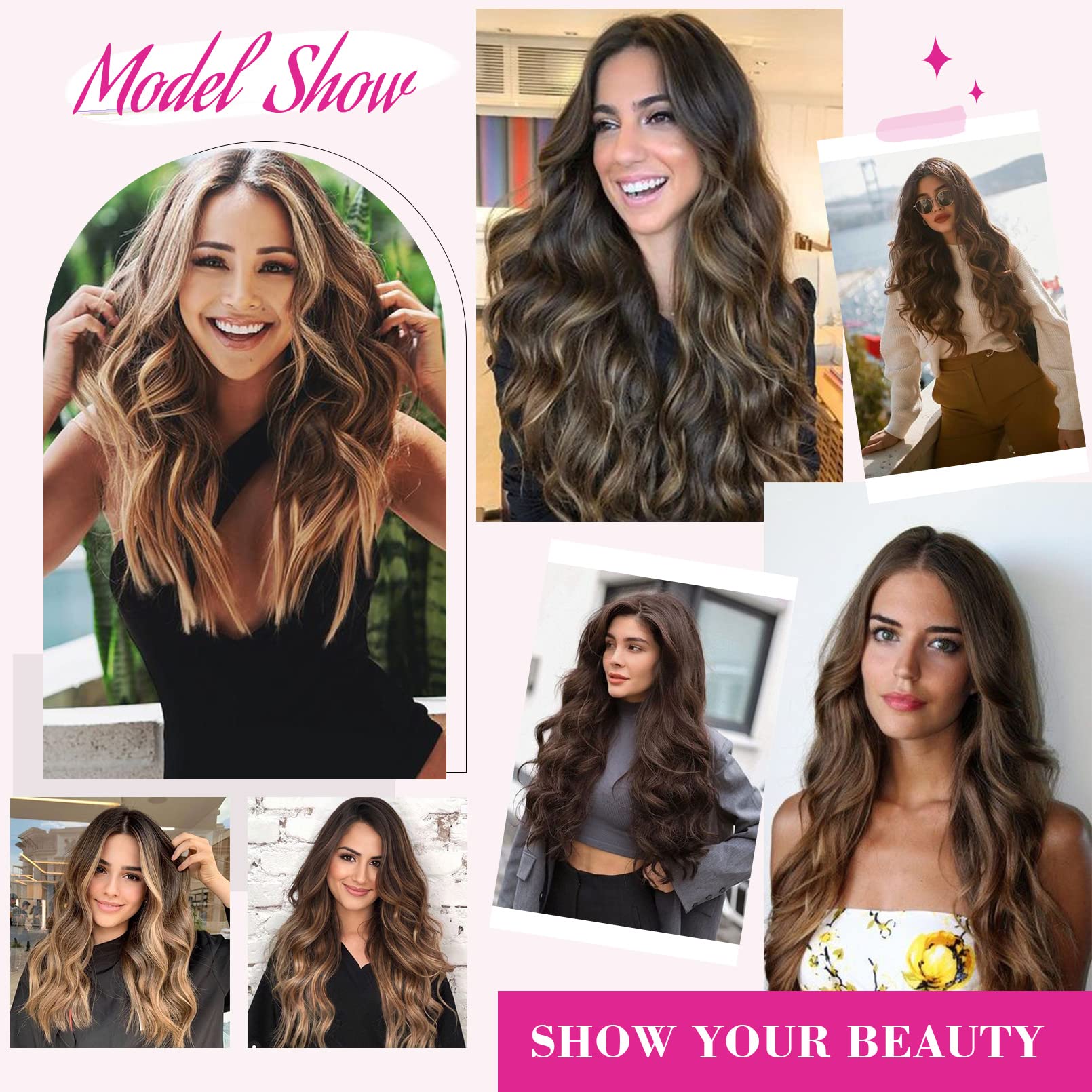 REECHO 16" 1-Pack 3/4 Full Head Curly Wavy Clips in on Synthetic Hair Extensions HE008 Hairpieces for Women 5 Clips 3.9 Oz per Piece - Dark Brown