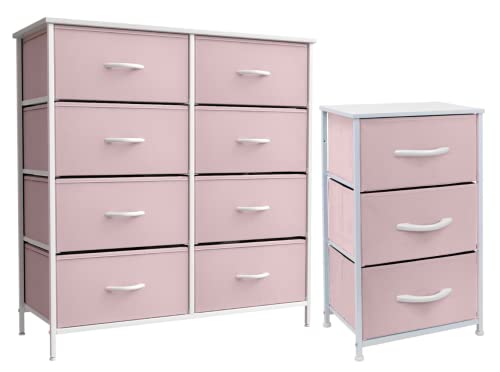 Sorbus Kids Dresser with 8 Drawers and 3 Drawer Nightstand Bundle - Matching Furniture Set - Storage Unit Organizer Chests for Clothing - Bedroom, Kids Rooms, Nursery, & Closet (Pink)