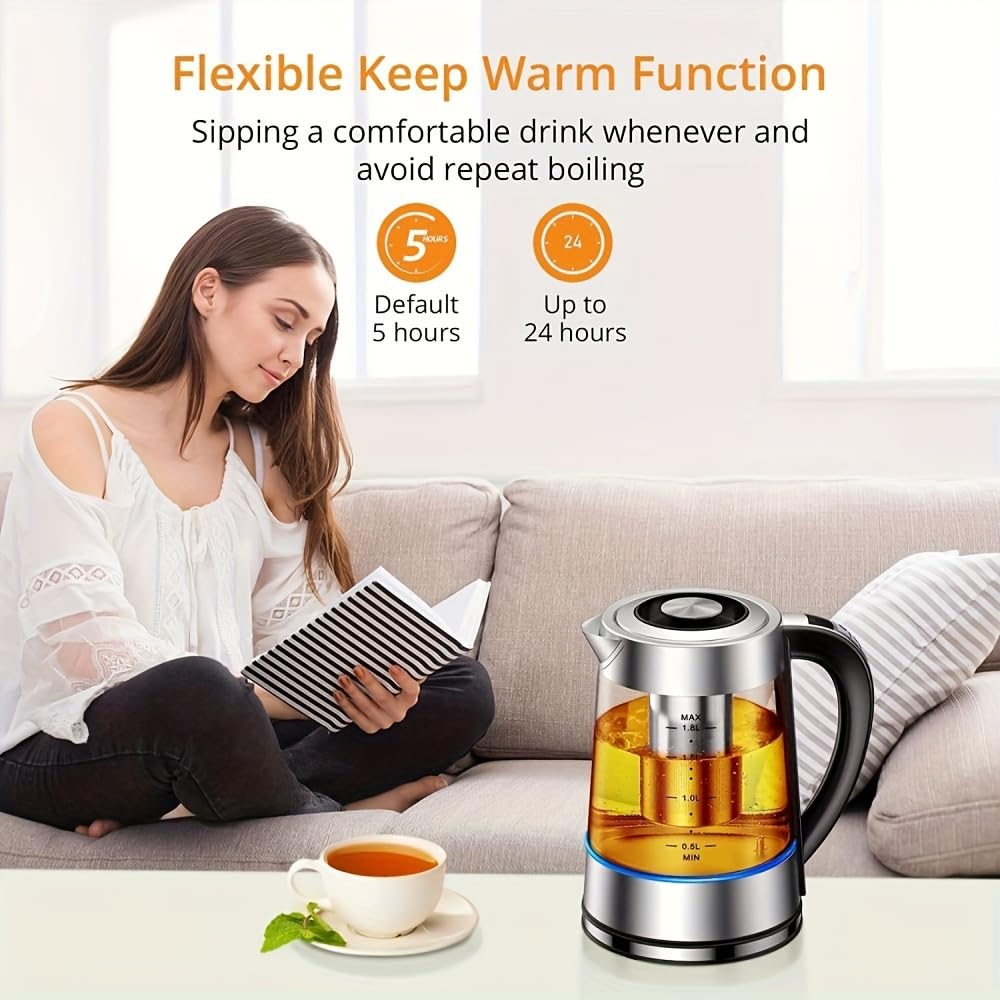 CHEFESS Electric Glass Kettle, 1.8 L / 60.8 oz Tea Kettle with 12 Temperature Control and Tea Infuser, up to 24-Hour Keep Warm, Stainless Steel Lid & Strainer, Hot Water Boiler for Coffee, Tea