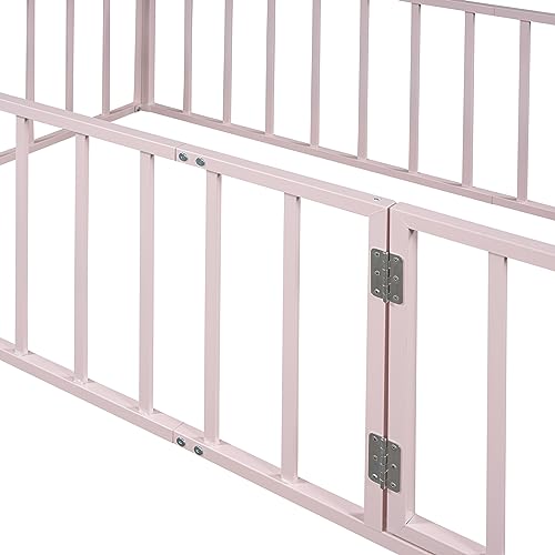 DNYN Twin Size Metal Floor Bed Frame with Door for Kids Bedroom,Metal Struture Bedframe w/Fence,No Box Spring Needed,77" x 41.1"x 21.7"H, Pink