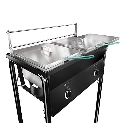 Bioexcel FT22 Two-Tank Propane Deep Fryer Commercial Deep Fryer, Outdoor Deep Fryer with 2 Stainless Steel Baskets & Lids Fish Fryer with Adjustable Temperature Regulator