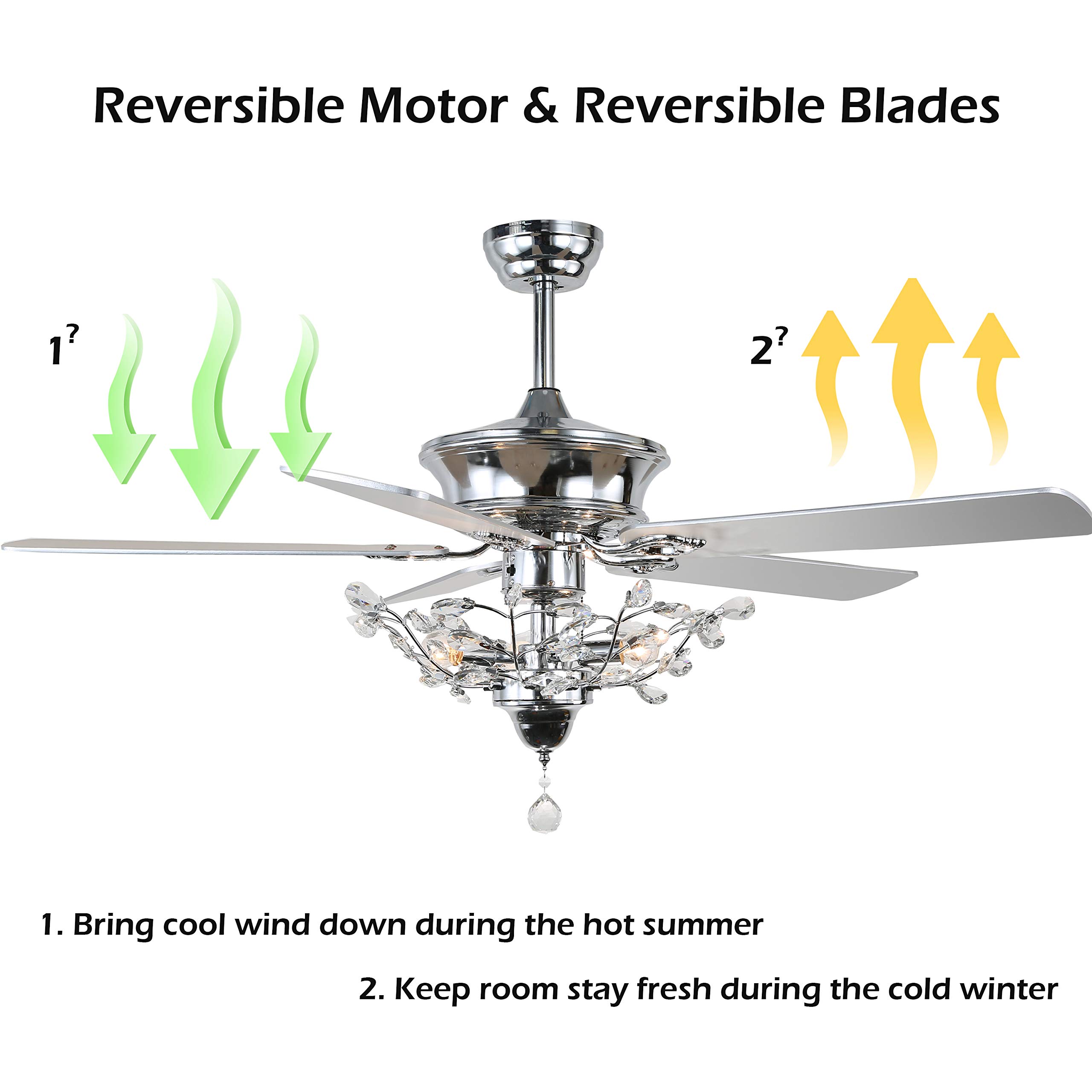 Bella Depot 52-in Chrome Branches Crystal Ceiling Fan, Remote Control, Reversible Motor & 5 Wood Reversible Blades, K9 Crystal Pendant, Chrome Finish (Chrome)